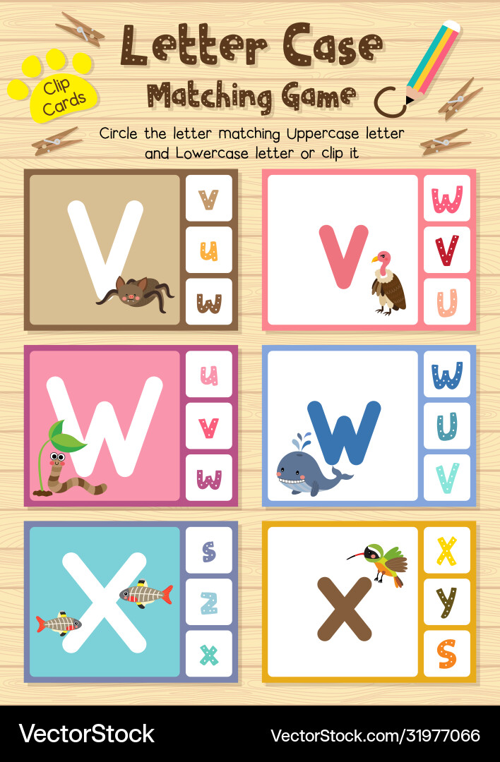 Worksheet matching letter case vwx Royalty Free Vector Image