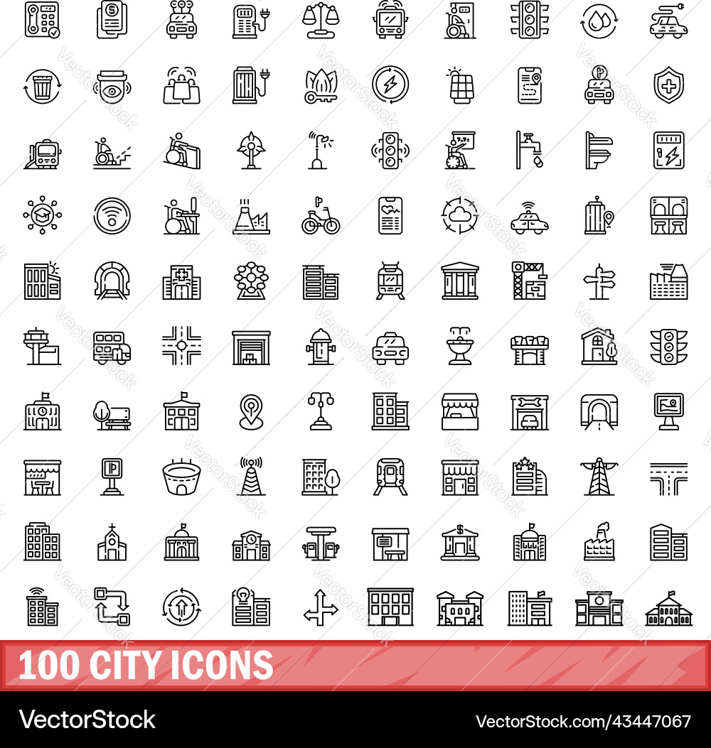 100 city icons set outline style Royalty Free Vector Image