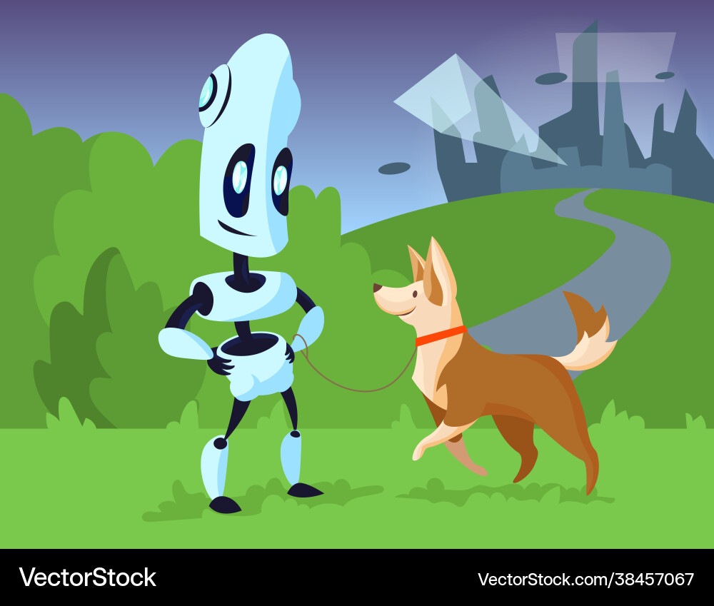 Cartoon robot walking dog in park Royalty Free Vector Image