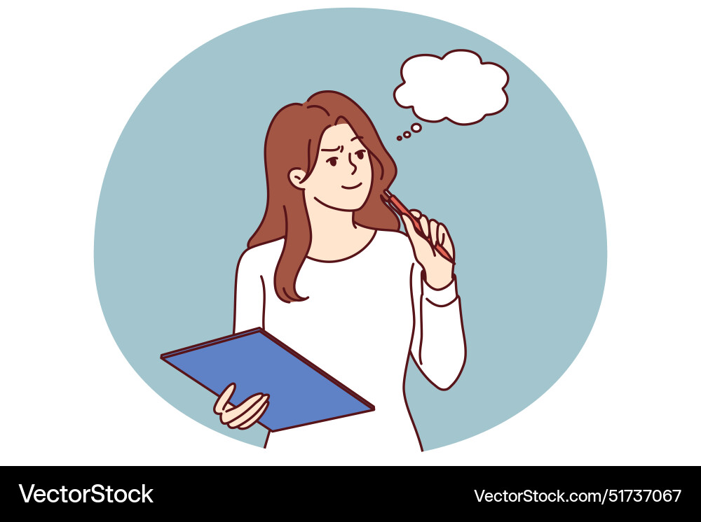 Pensive girl with clipboard makes plan for year Vector Image