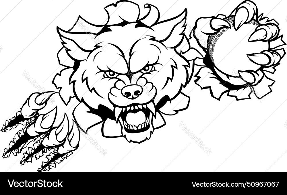 Wolf cricket mascot breaking background Royalty Free Vector