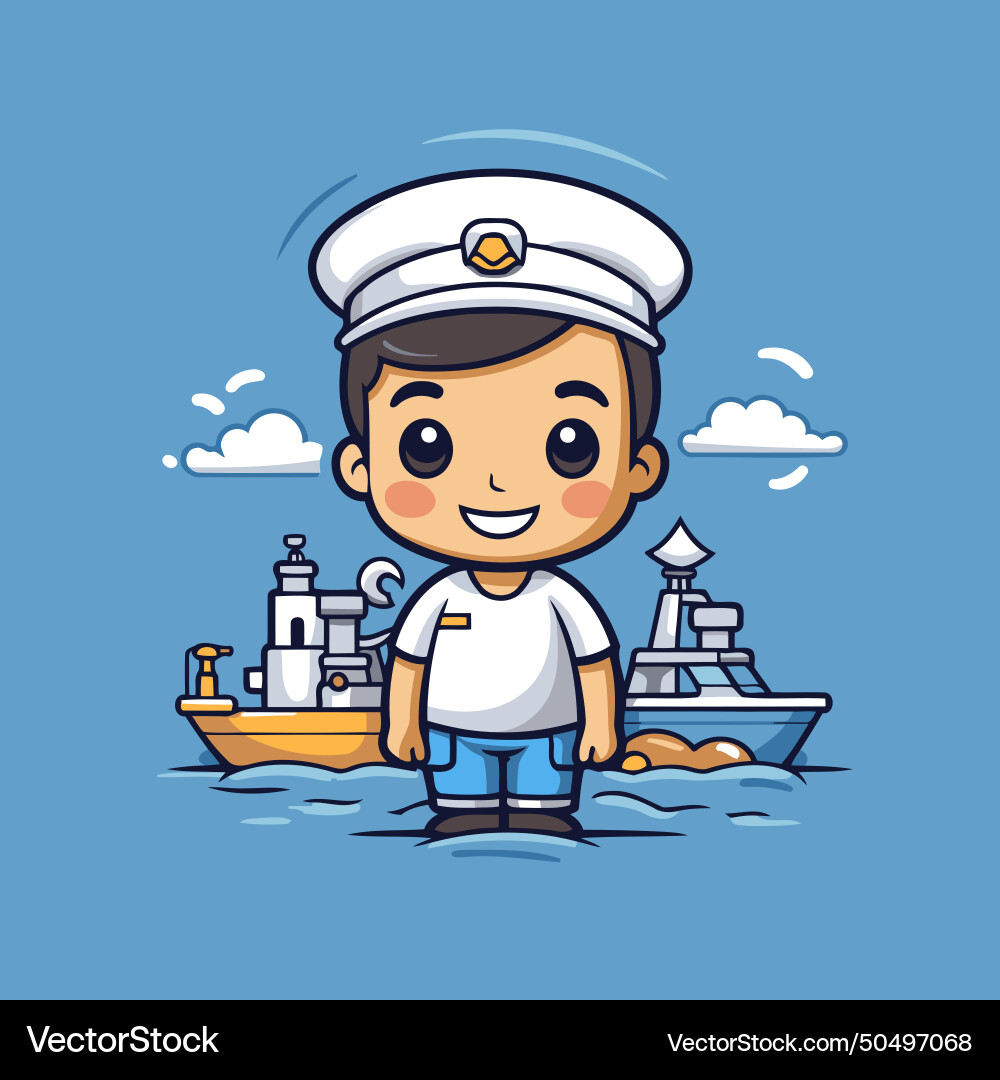 Sailor boy with ship cute cartoon Royalty Free Vector Image