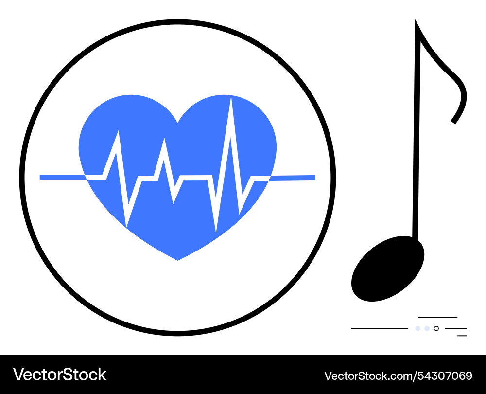 Blue heart with ecg line and musical note Vector Image