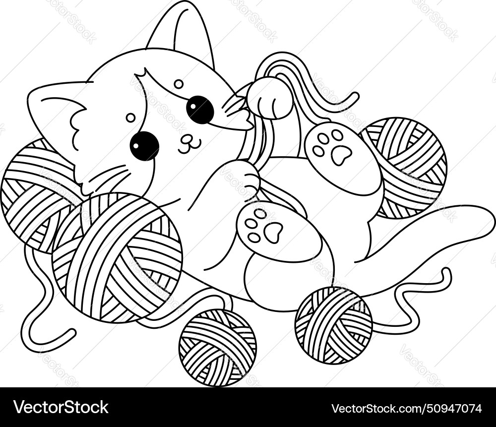 Cat is playing with yarns coloring page Royalty Free Vector