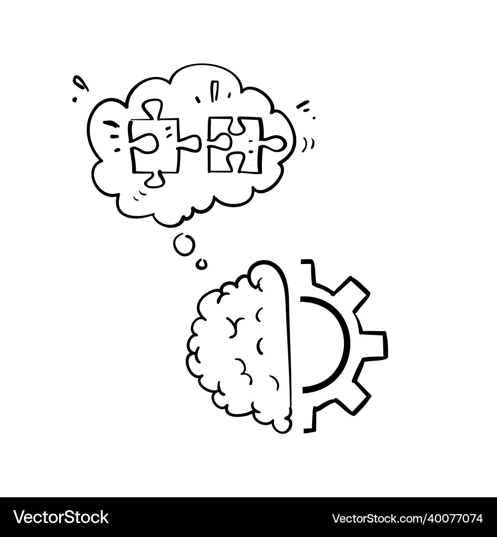 Hand drawn doodle brain gear and puzzle symbol Vector Image