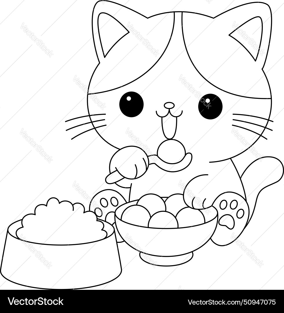 Cute cat is happily eating coloring page Vector Image