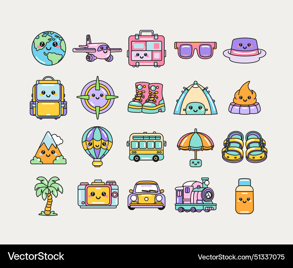 Kawaii travel and adventure clipart collection Vector Image
