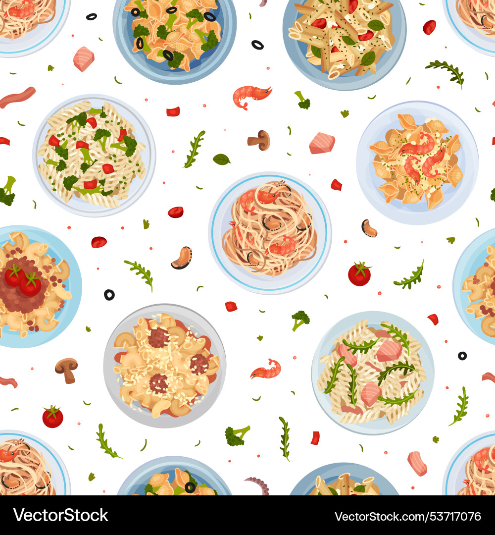 Pasta dish food seamless pattern with plate Vector Image