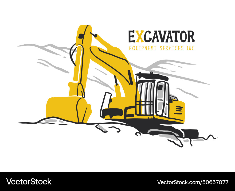 Hand drawn big excavator digging the ground Vector Image