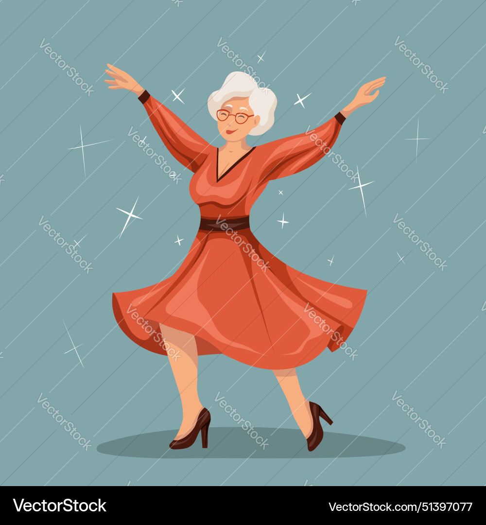 Joyful old lady dancing in a dress active aging Vector Image