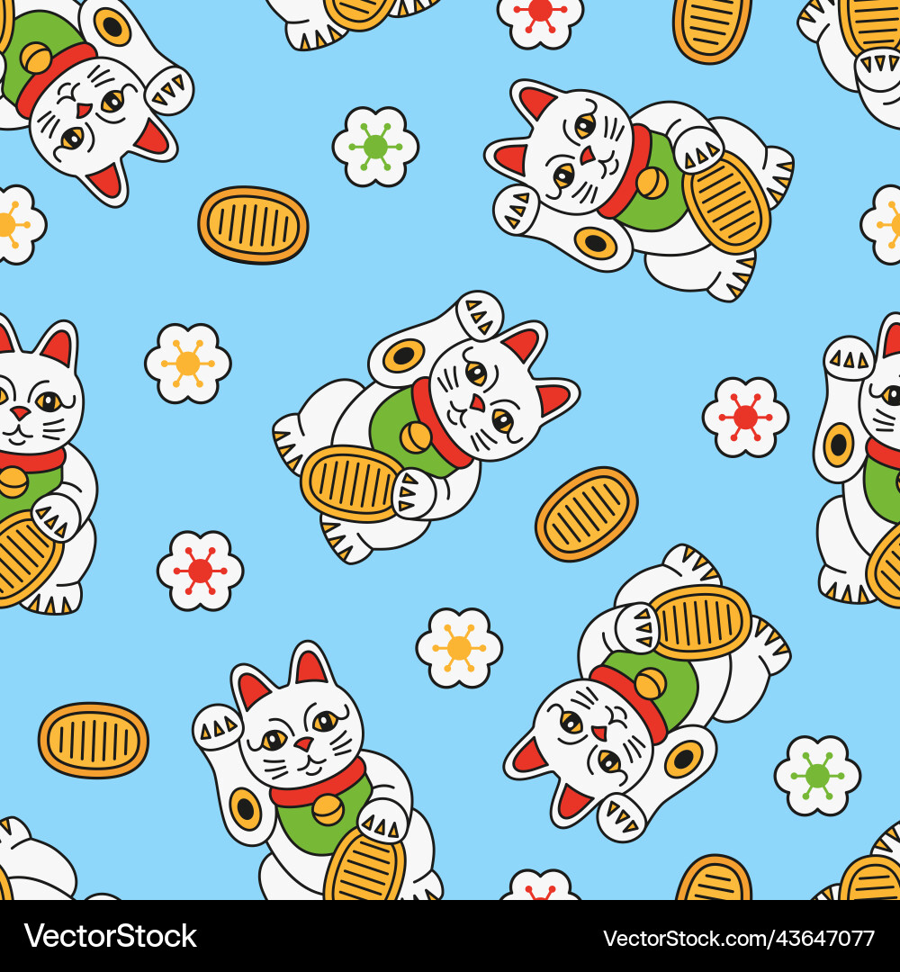 Maneki neko cat with coin and sakura seamless Vector Image