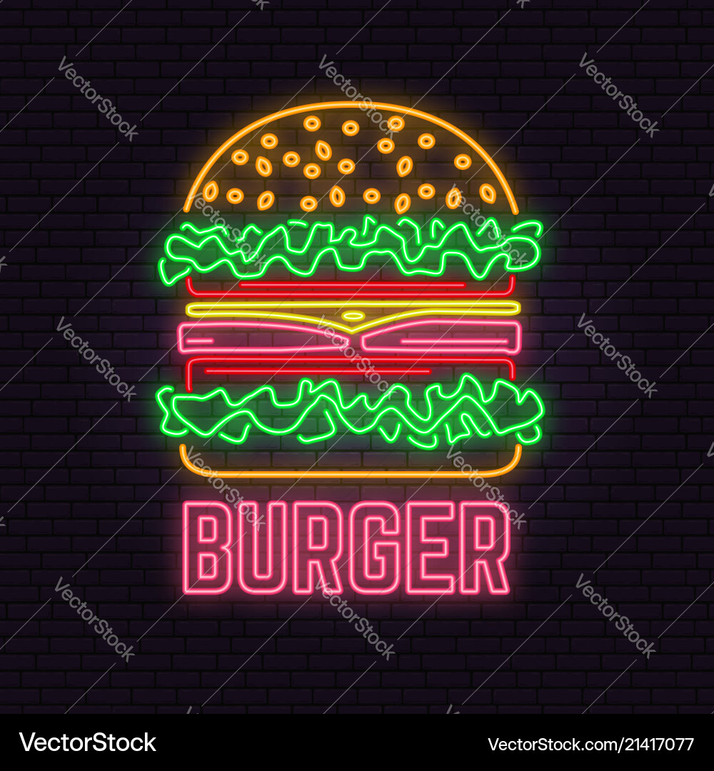 Retro neon burger sign on brick wall background Vector Image