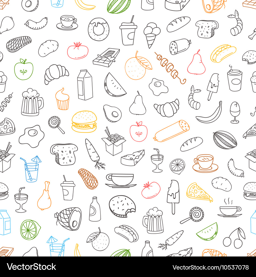 Different color food doodles seamless background Vector Image