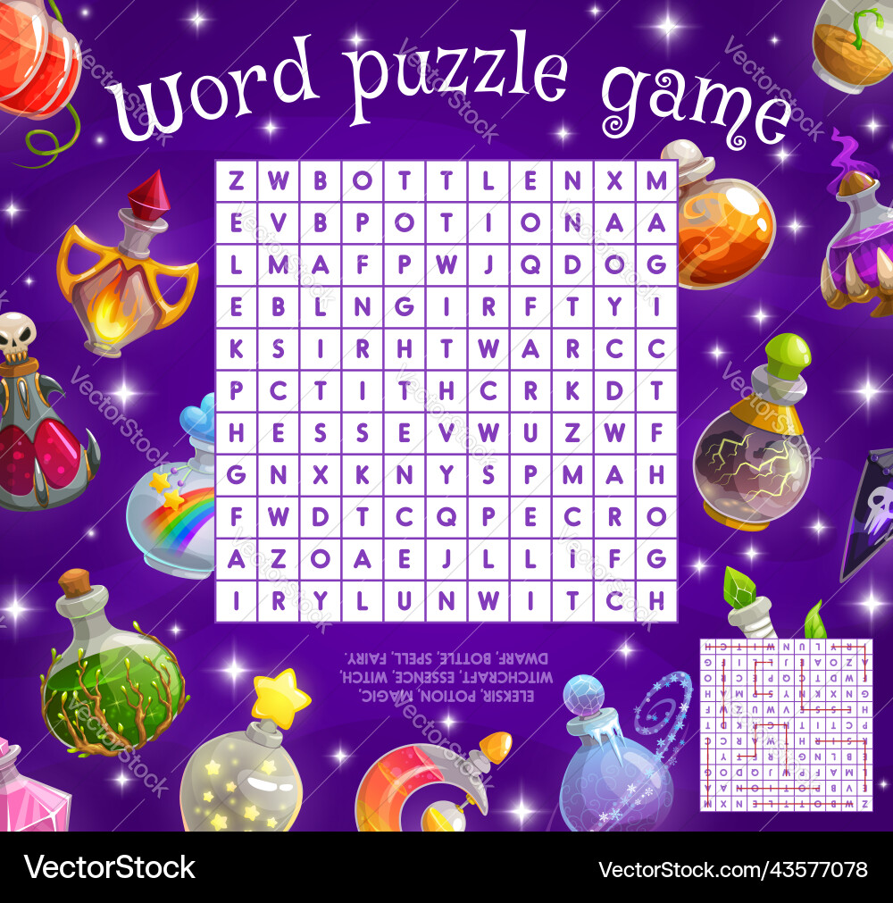 Magic potion bottles word search puzzle quiz game Vector Image