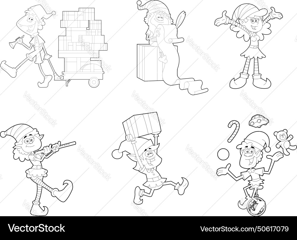 Outlined santas little elf helper characters Vector Image