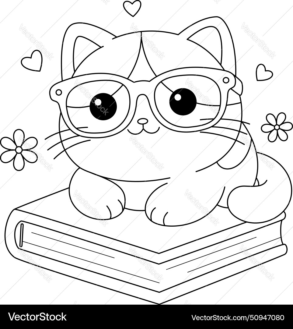 Cute cat is lying on the book coloring page Vector Image