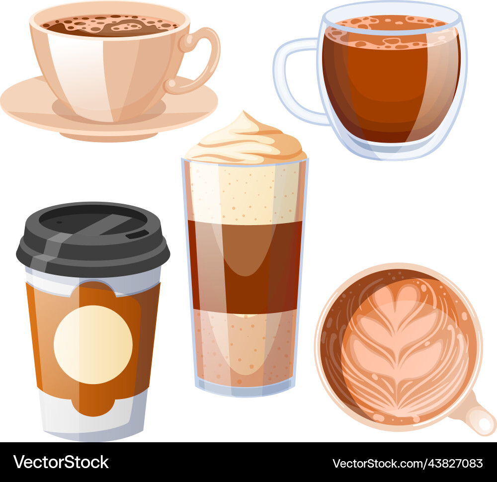 Coffee cafe cup set cartoon Royalty Free Vector Image
