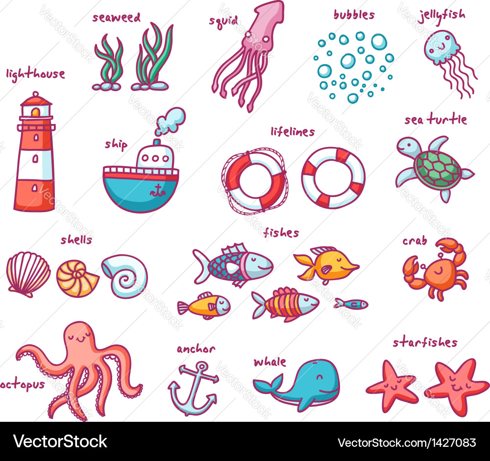 Sea doodles set Royalty Free Vector Image - VectorStock