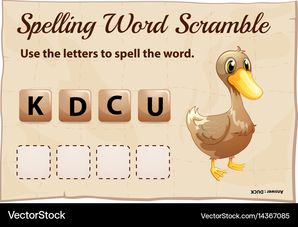Spelling word scramble game with duck Royalty Free Vector