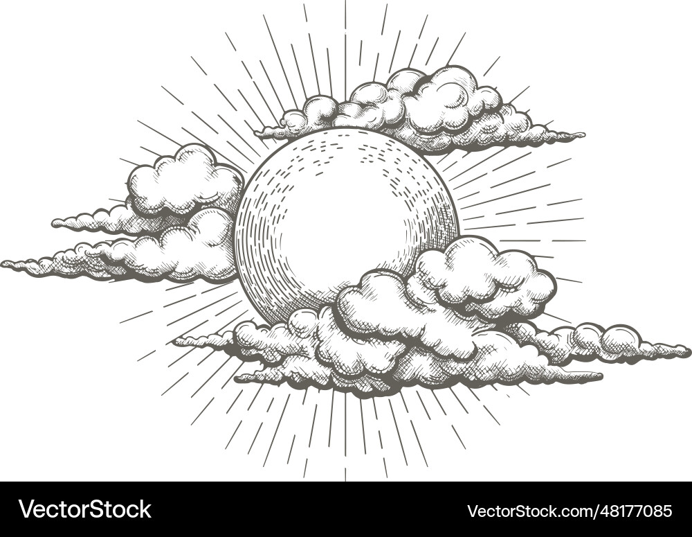 Sun and clouds in sky engraving Royalty Free Vector Image