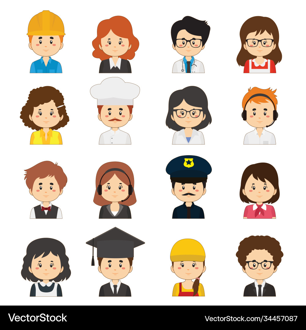 Set 16 great variety workers avatars Royalty Free Vector