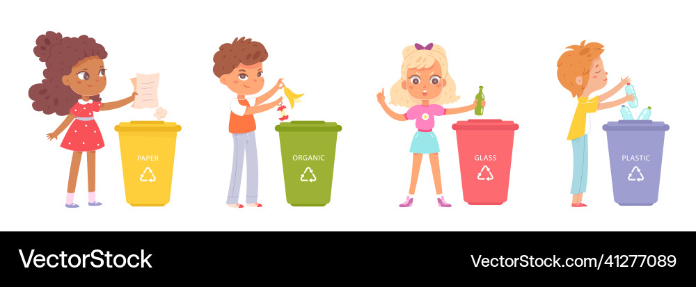 Children Sorting Waste into Recycling Bins Vector Image