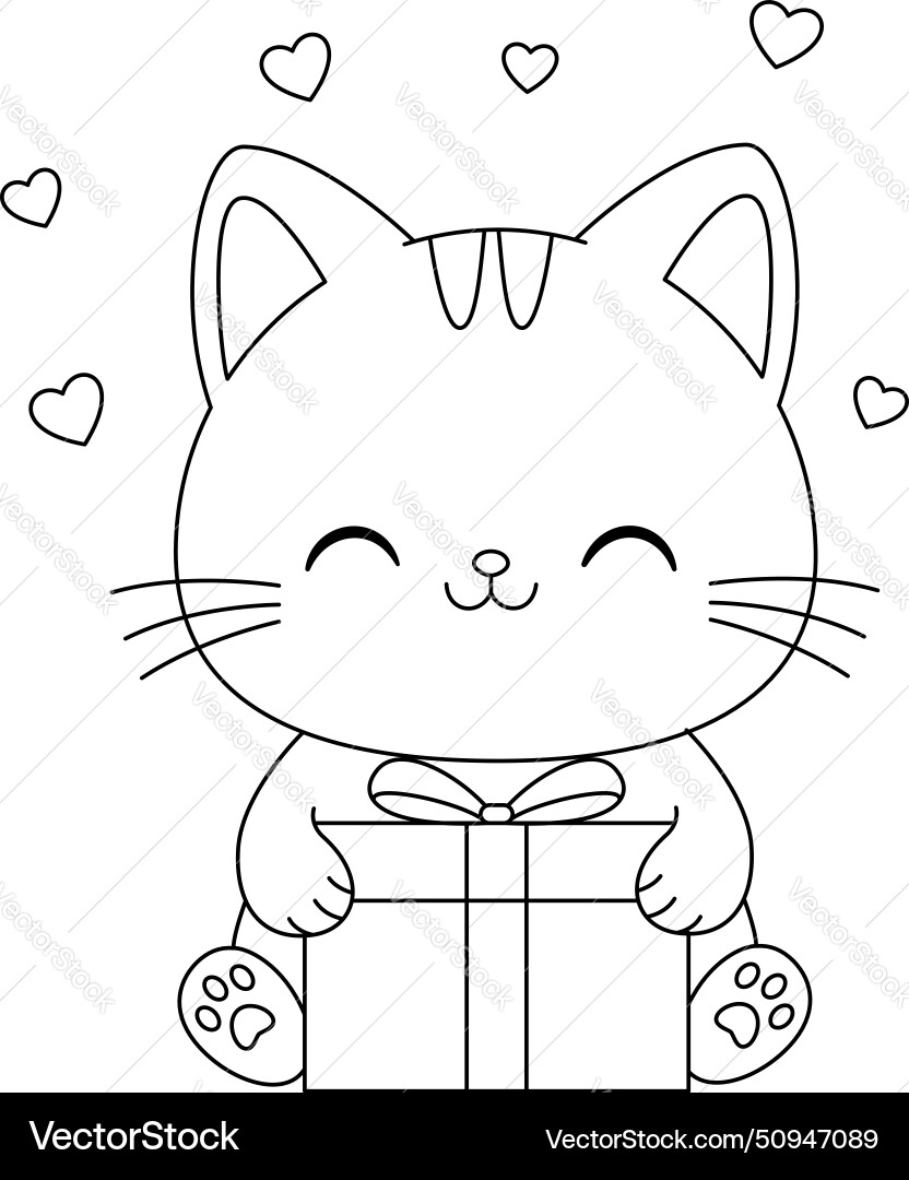 Cute cat and gift box coloring page Royalty Free Vector