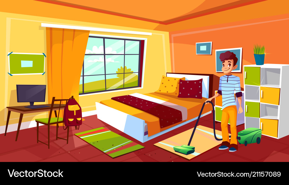 Teen boy cleaning room Royalty Free Vector Image