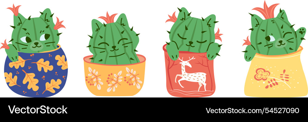 Cactus cat cute cacti cats kawaii characters Vector Image