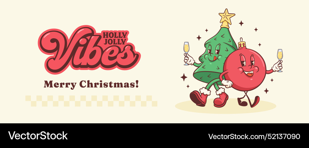 Groovy christmas tree and bauble retro characters Vector Image