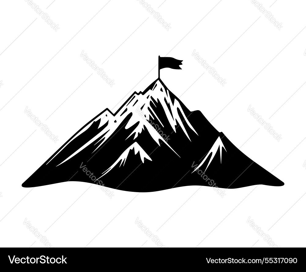 Mountain peak with a red flag on top Royalty Free Vector