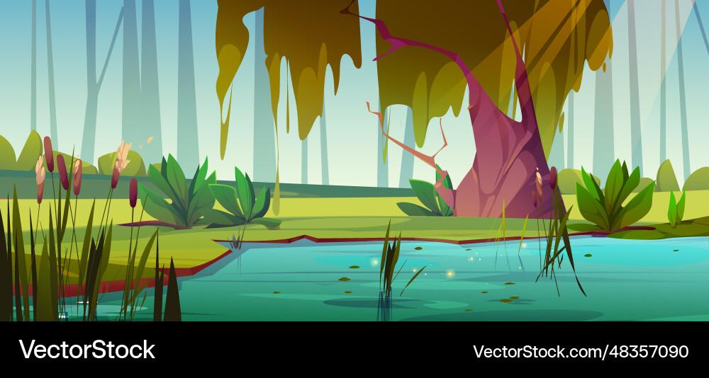 Swamp in forest with reed cartoon scene Royalty Free Vector