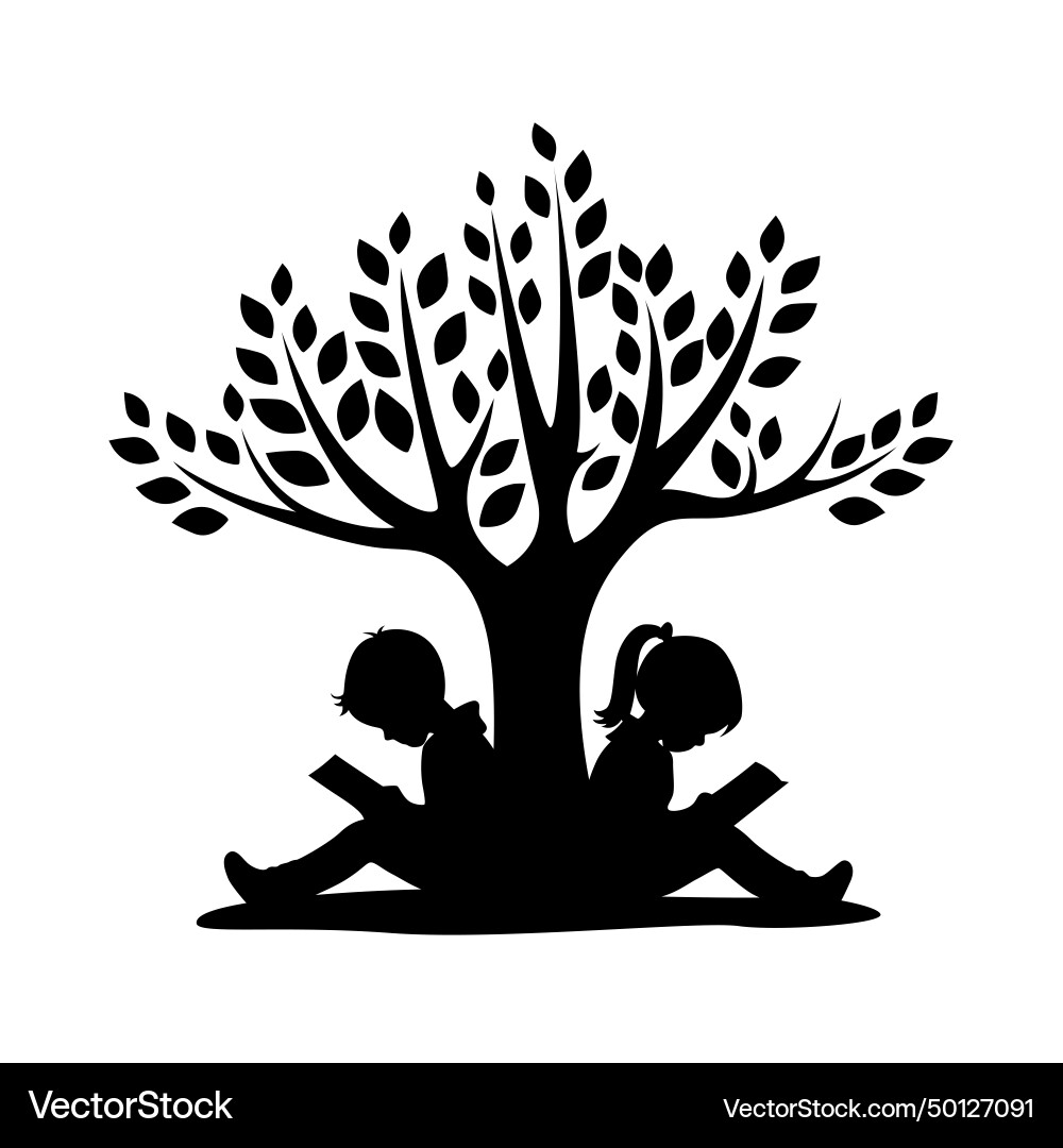 Little boy and girl reading book under tree Vector Image