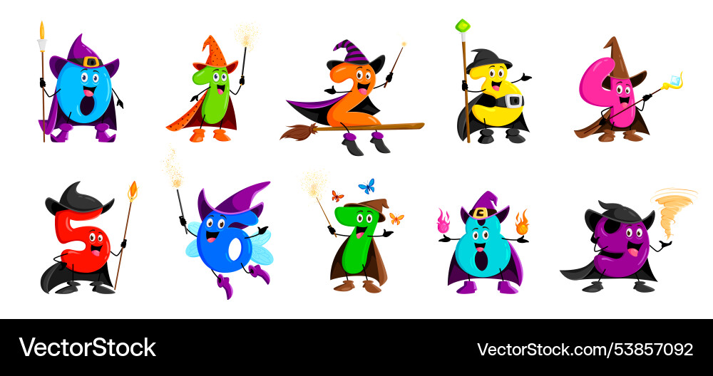 Cartoon math number halloween wizard witch mage Vector Image