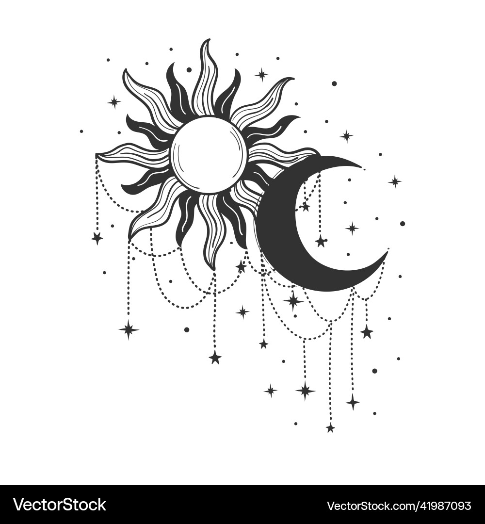 Celestial Sun & Crescent Moon Print Royalty Free Vector