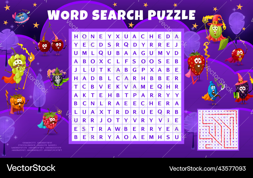 Word search puzzle with cartoon berry wizards Vector Image
