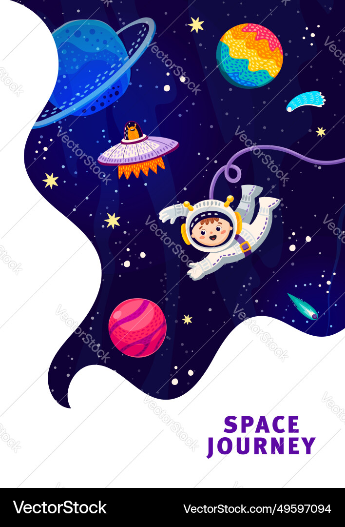 Cartoon kid spaceman in outer space fly to planets