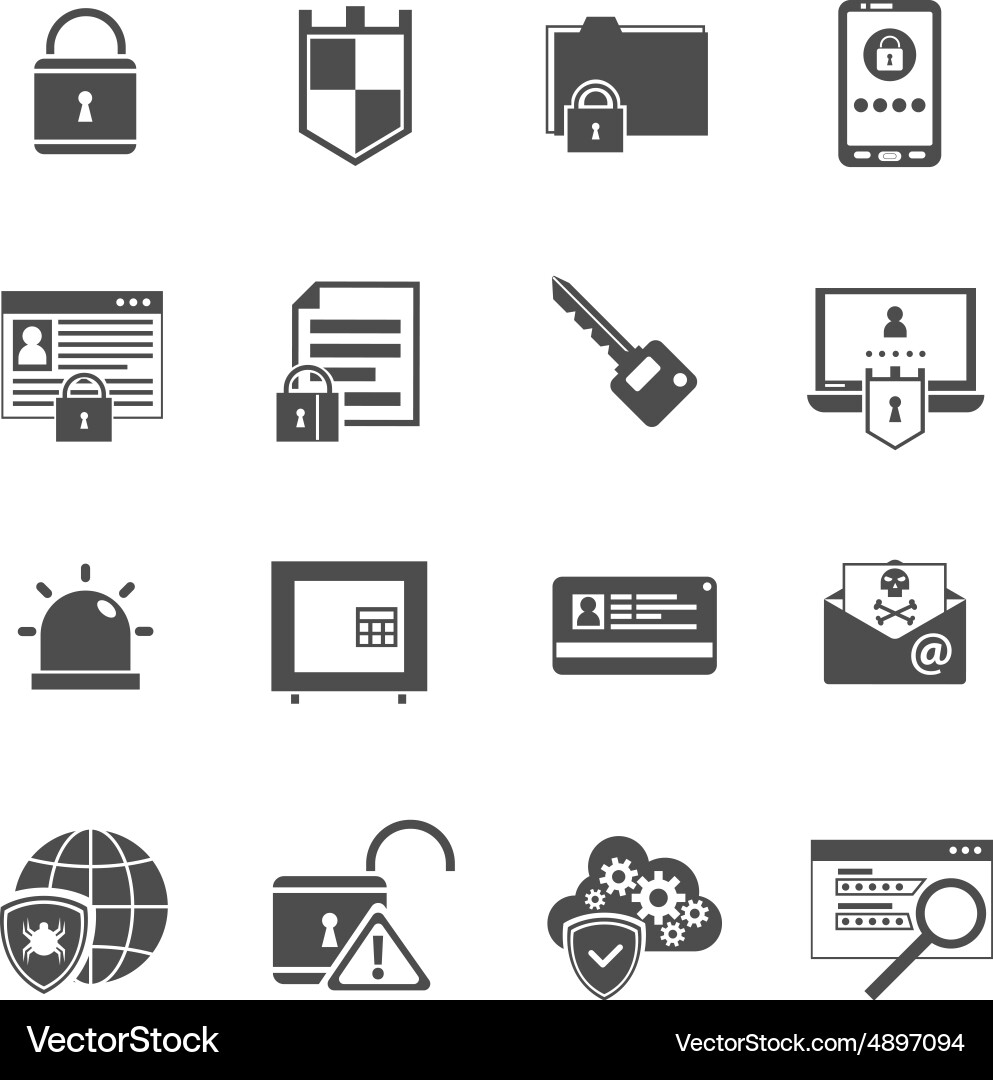 Computer security icons set black Royalty Free Vector Image