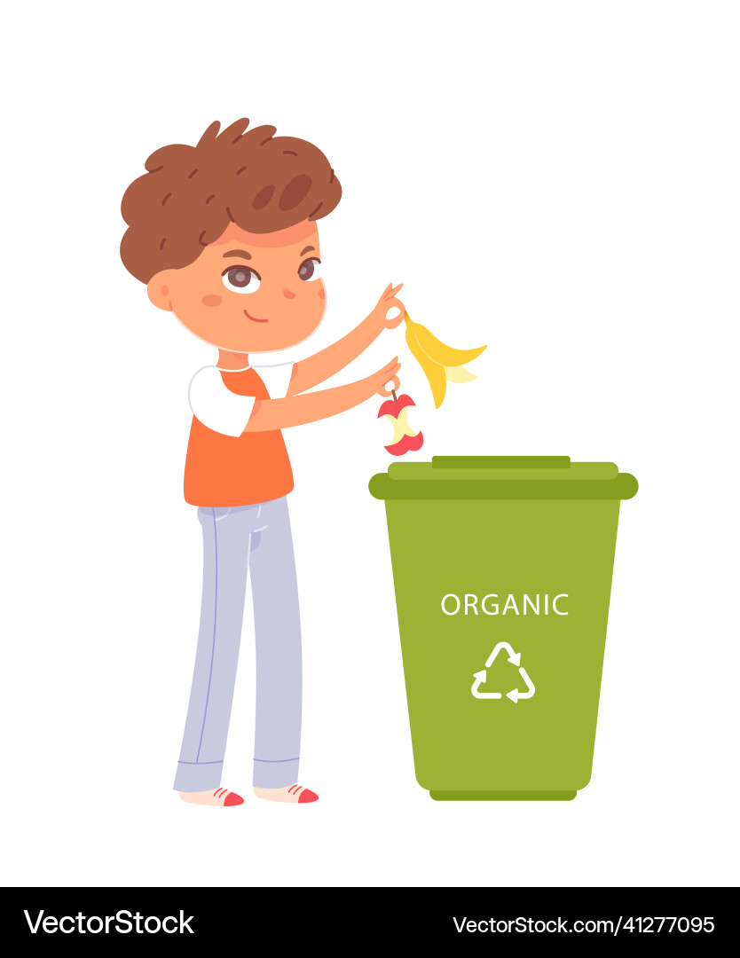 Cute boy sorting organic garbage in trash bin Vector Image