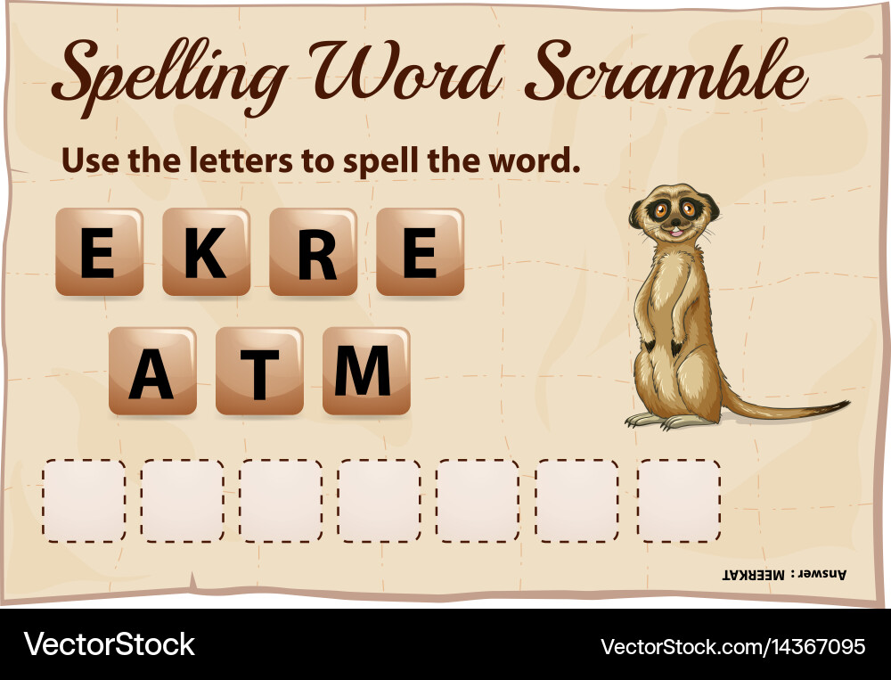 Spelling word scramble game with meerkat Vector Image