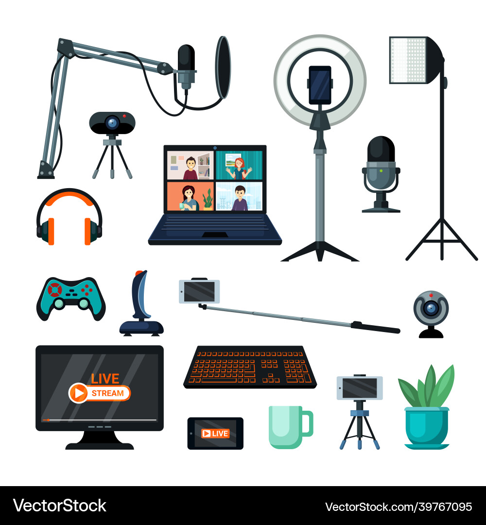 Streamer & Blogger Equipment Set Royalty Free Vector