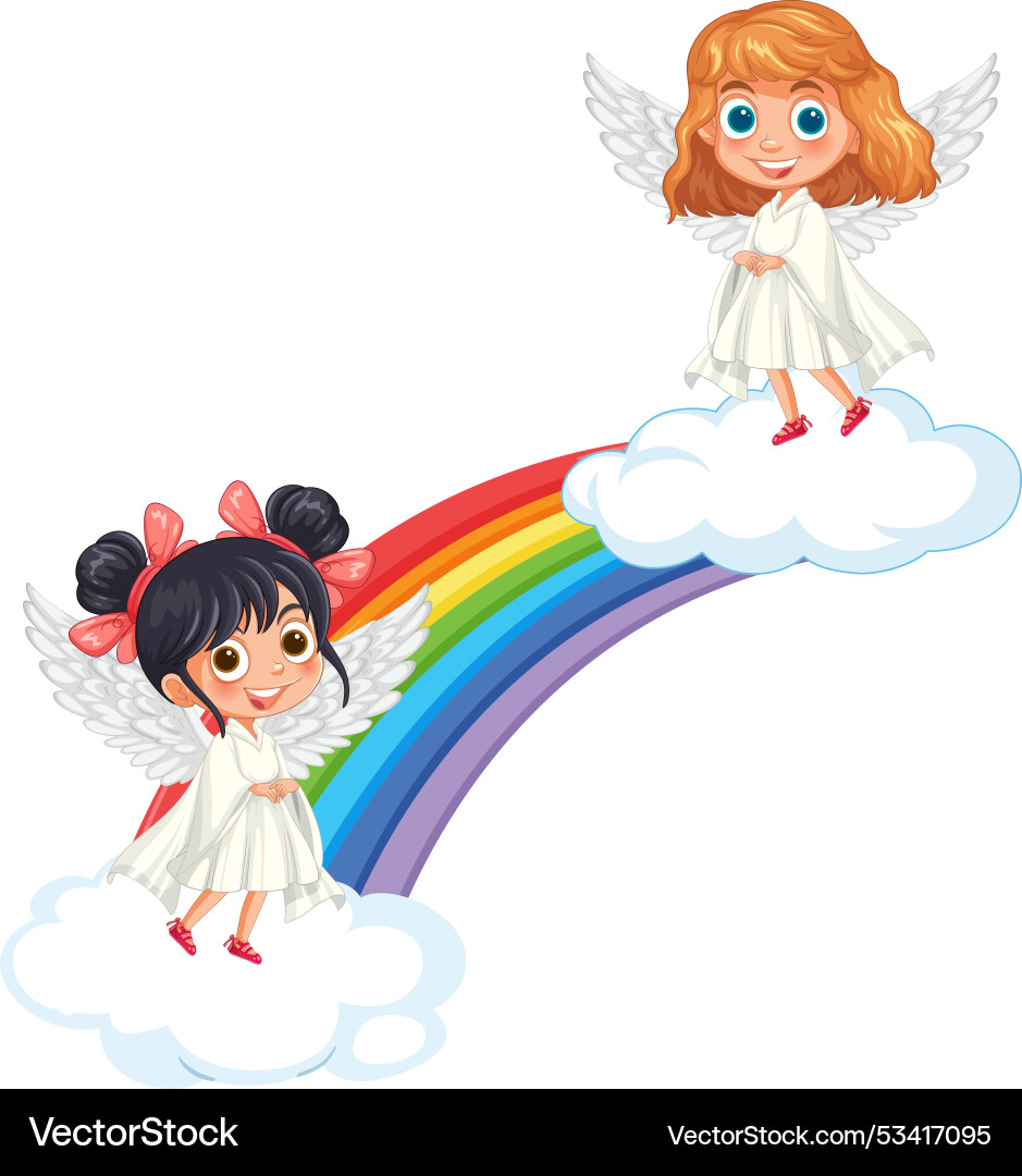 Two angels standing on clouds and rainbow Vector Image