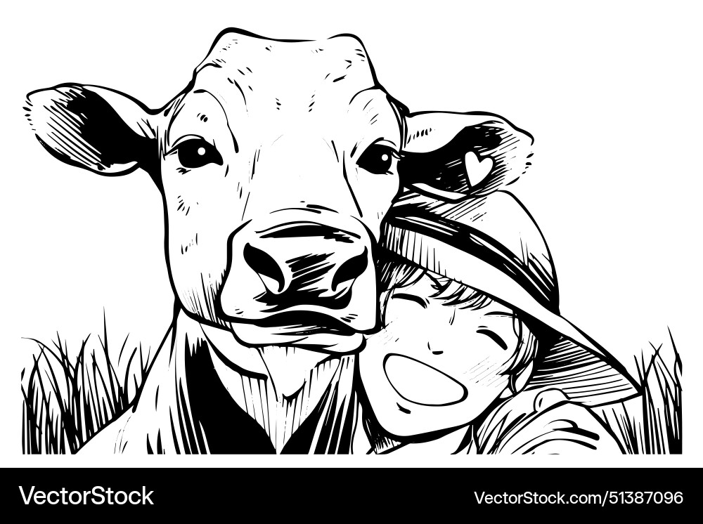Cow and farmer on the field Royalty Free Vector Image