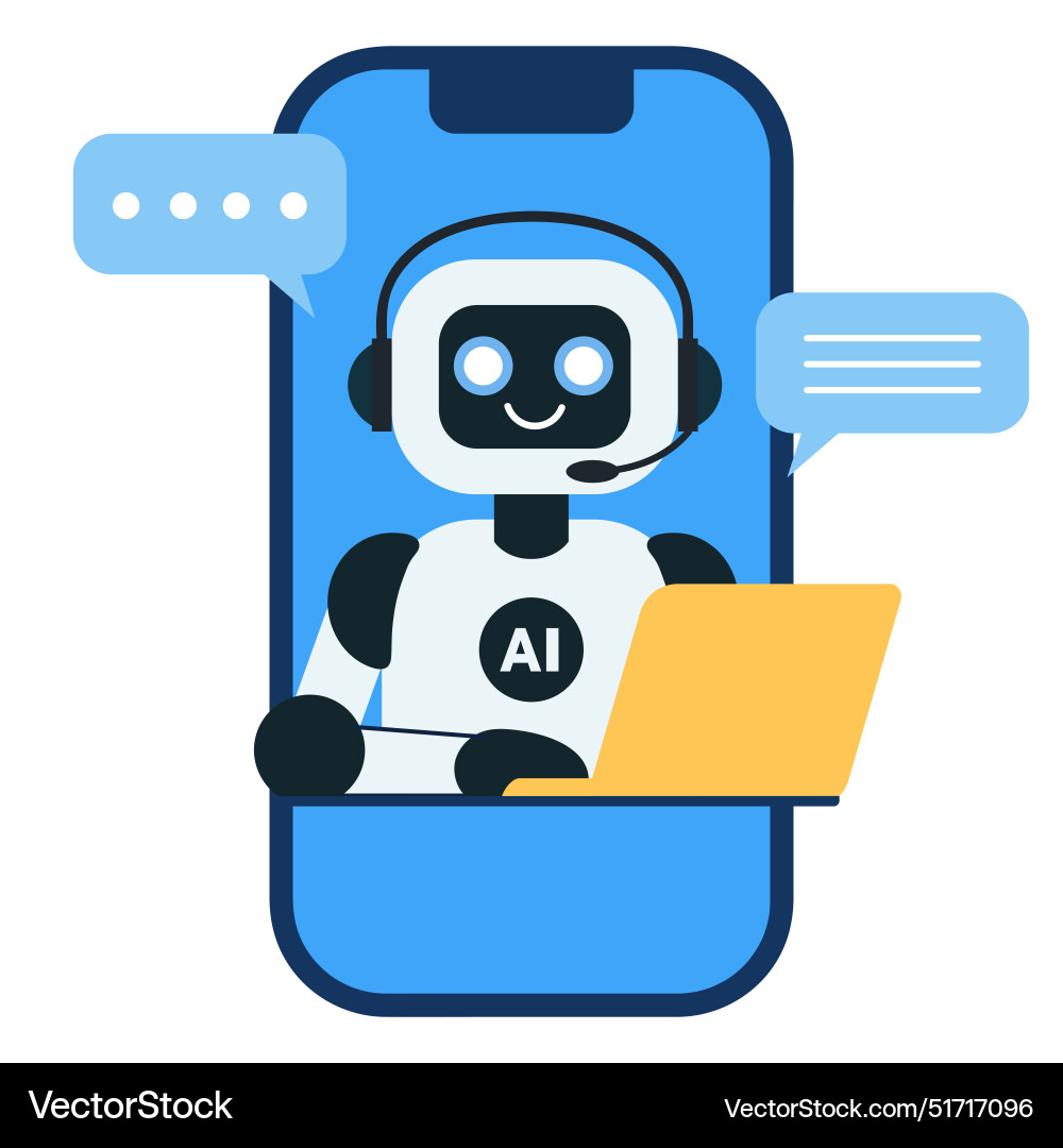 Cute chat bot robot with yellow laptop Royalty Free Vector