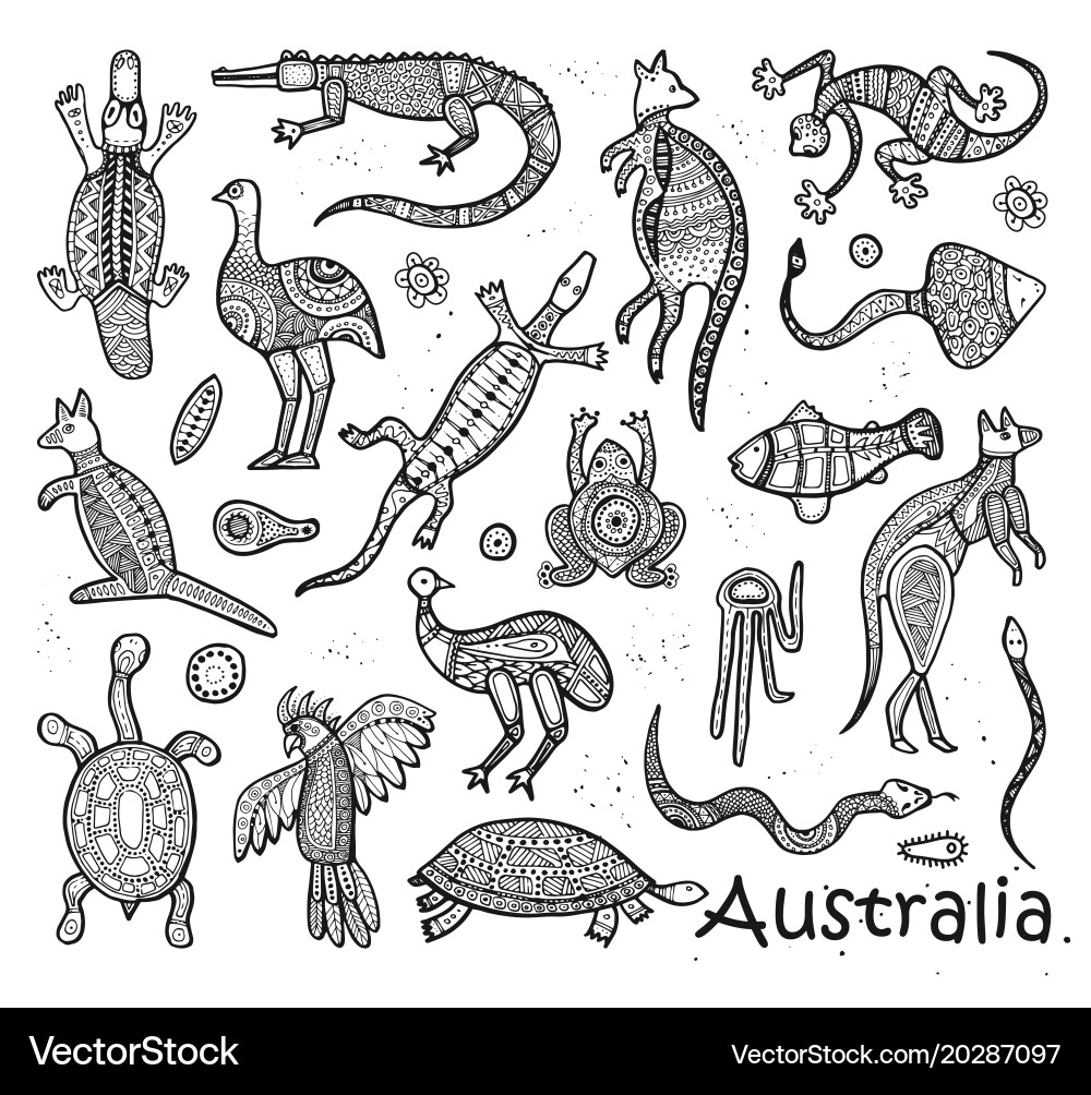 Animals drawings aboriginal australian style Vector Image