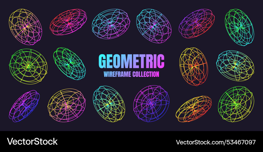 Neon lined wireframe shapes perspective mesh 3d Vector Image