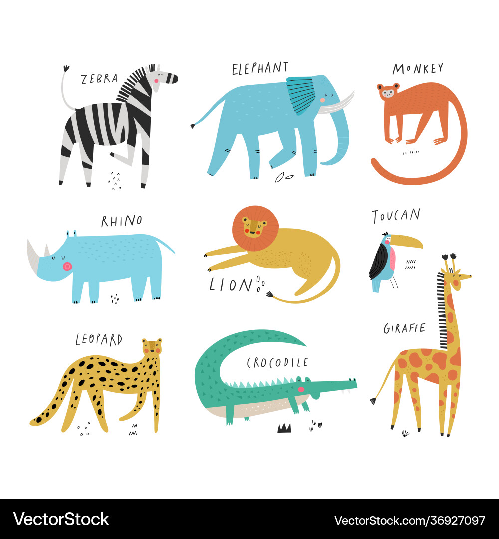 Wild animals collection set and their names Vector Image