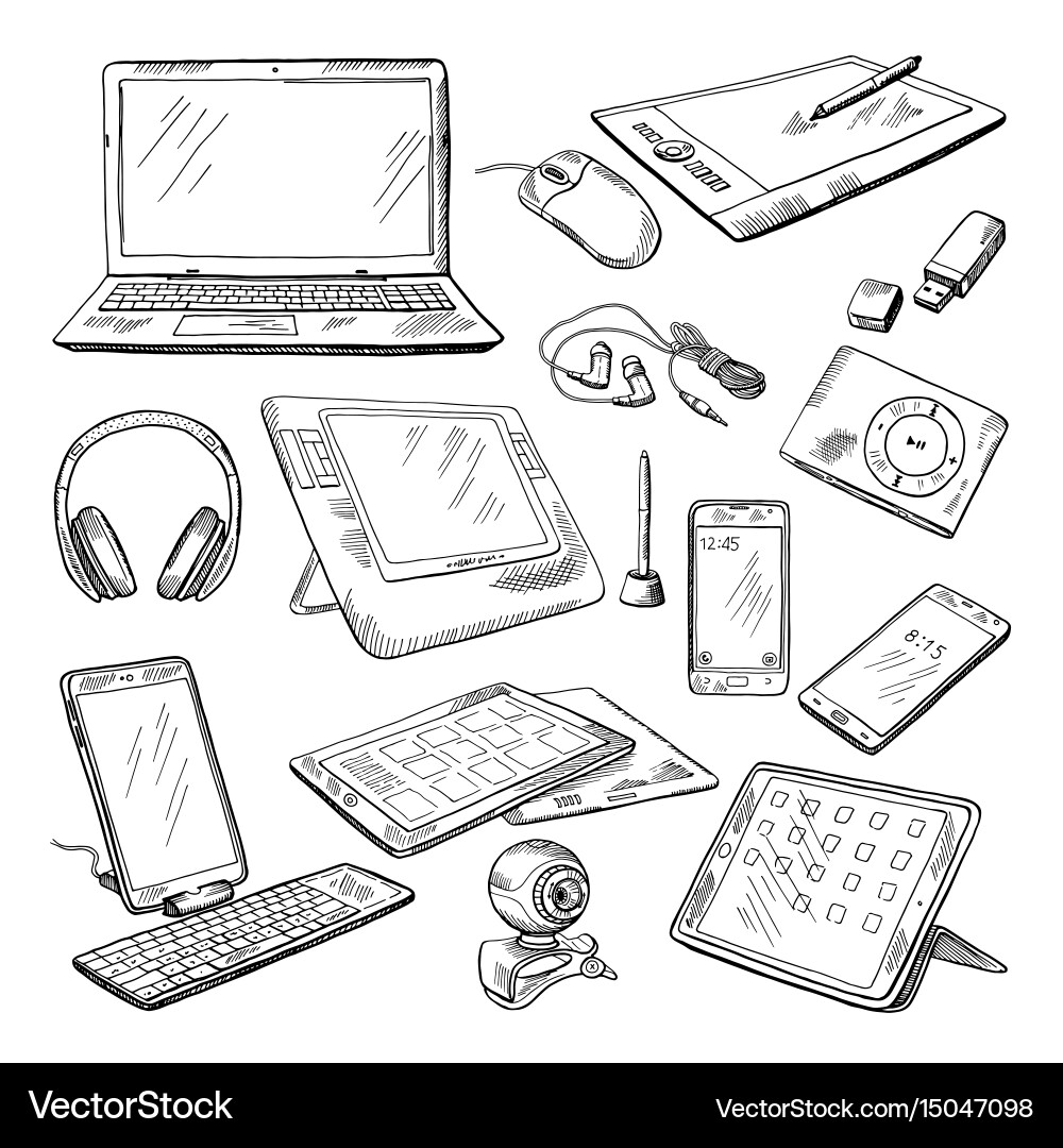 Different computer gadgets doodle Royalty Free Vector Image