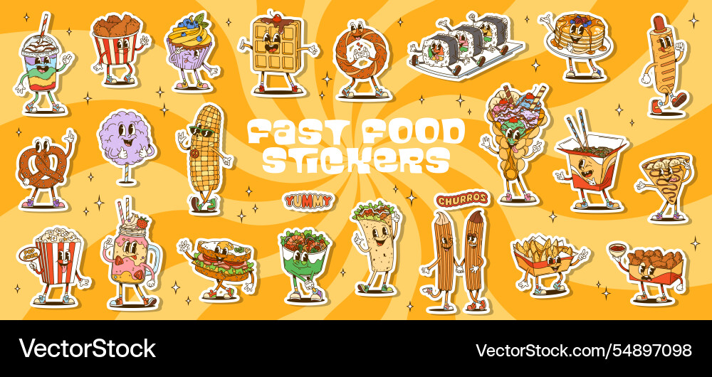 Groovy fast food characters stickers pack Vector Image