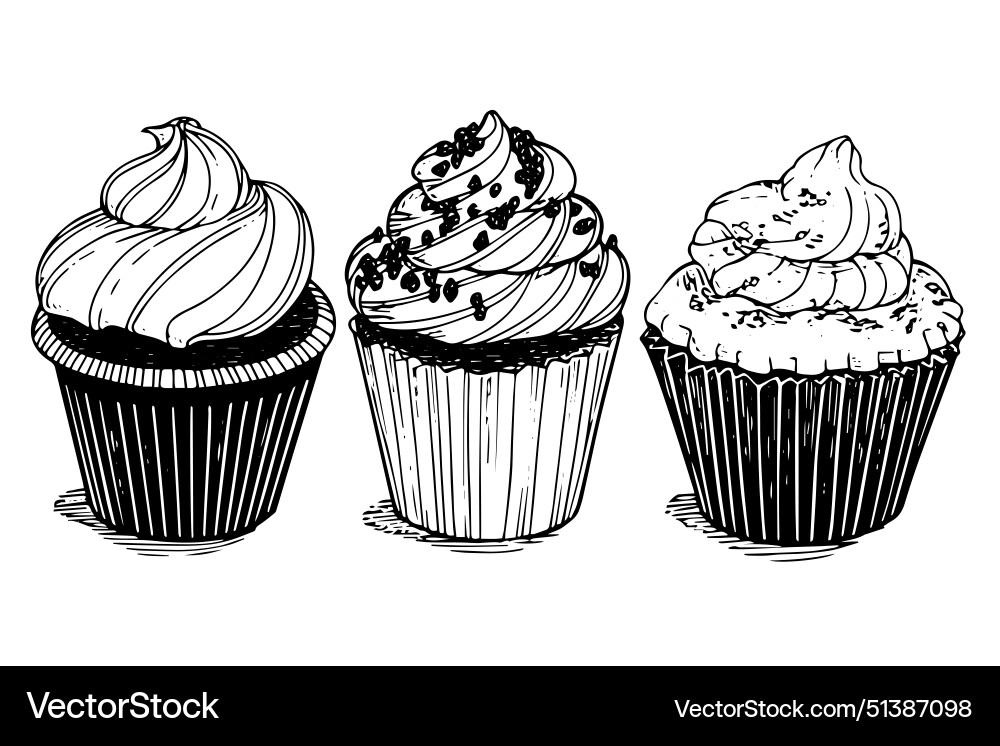 Set of cupcake hand drawn ink sketch engraved Vector Image